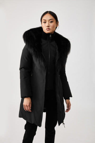 Trish-X, Powder Touch down coat with silver fox fur Signature Mackage ...