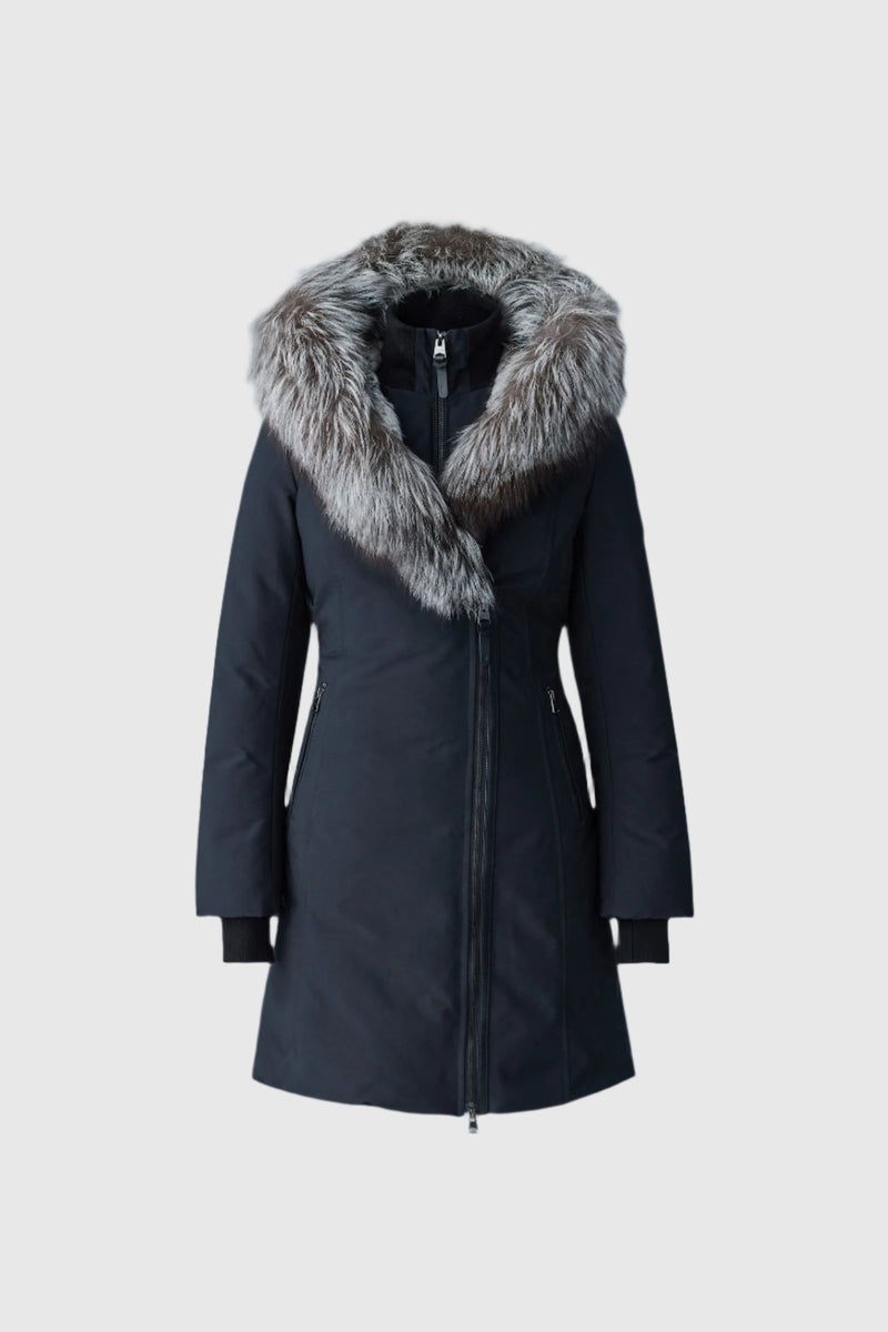 Trish-X, Powder Touch down coat with silver fox fur Signature Mackage ...