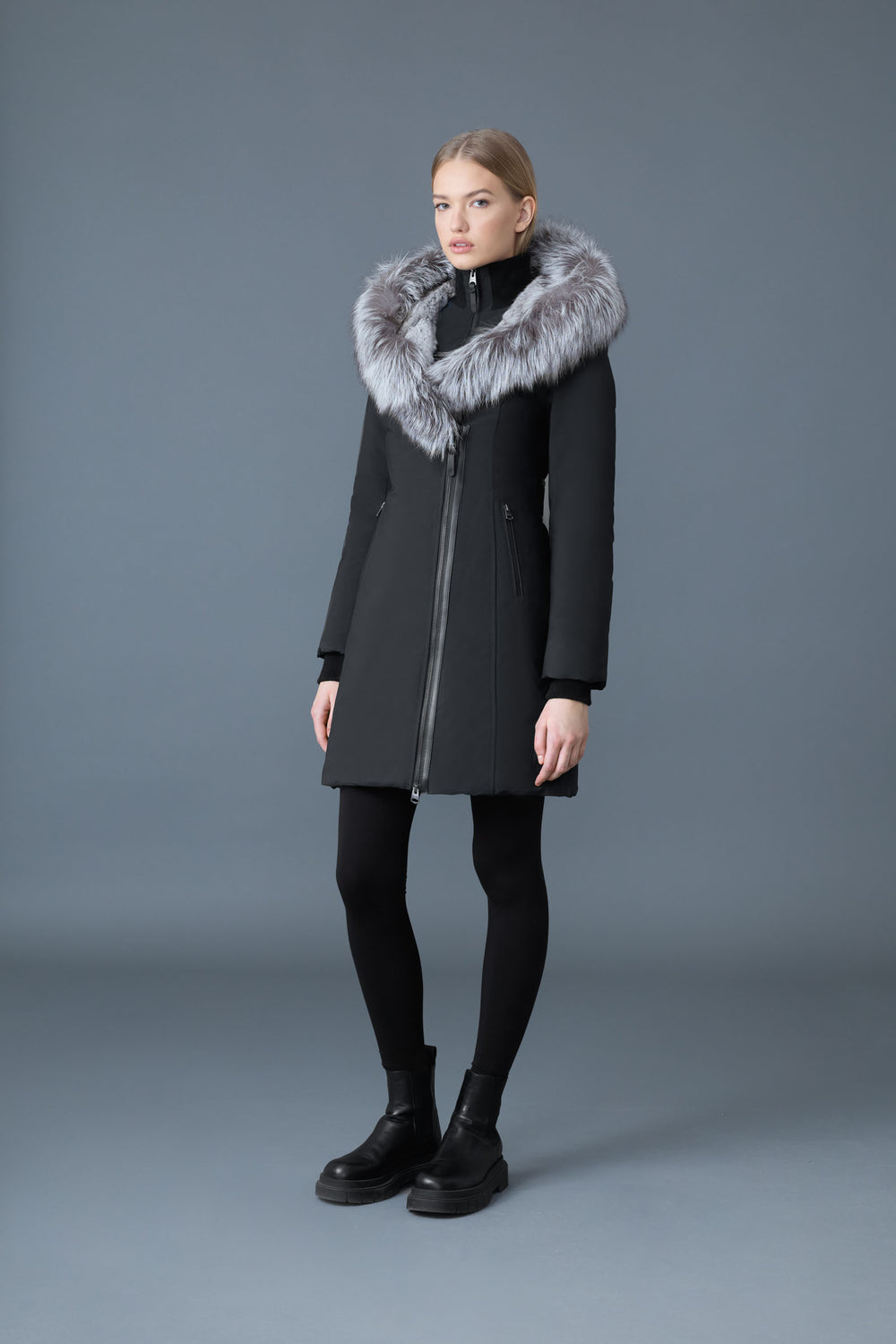 Trish-X, Powder Touch down coat with silver fox fur Signature Mackage ...